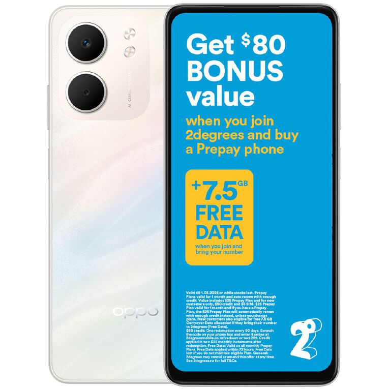 OPPO A5X with 2degrees SIM - Laser White - Noel Leeming