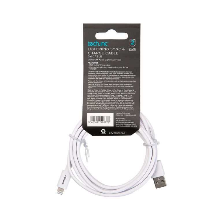 Tech.Inc Lightning Cable 2m White - Noel Leeming